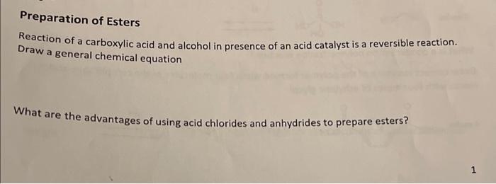 Solved Preparation of Esters Reaction of a carboxylic acid | Chegg.com