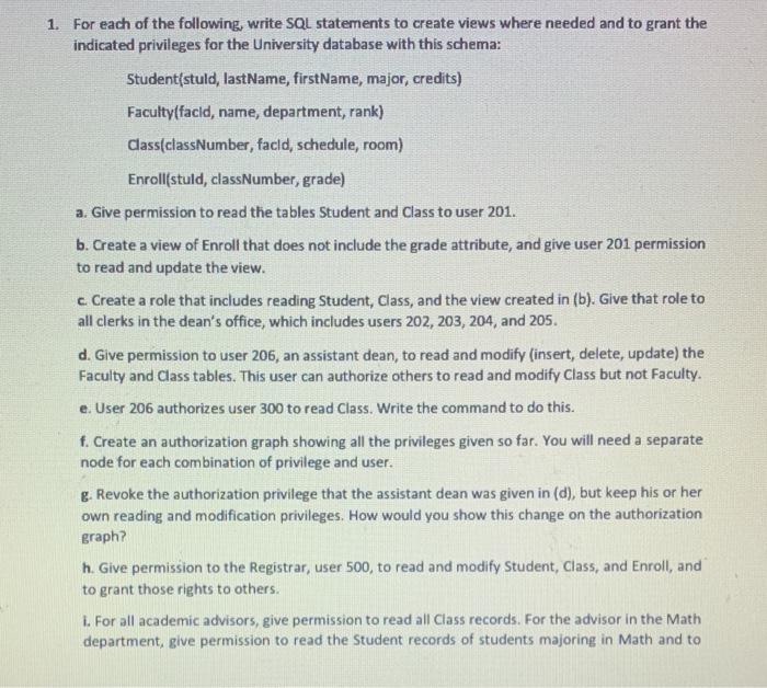 Solved 1. For each of the following, write SQL statements to | Chegg.com