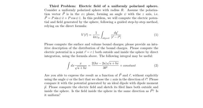 Solved Third Problem: Electric field of a uniformly | Chegg.com
