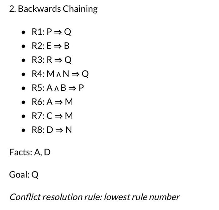 Solved 2. Backwards Chaining - R1: P⇒Q - R2: E⇒B - R3:R⇒Q - | Chegg.com