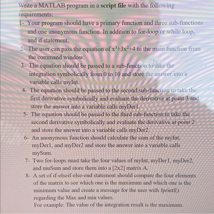 Solved Write a MATLAB program in a script file with the | Chegg.com