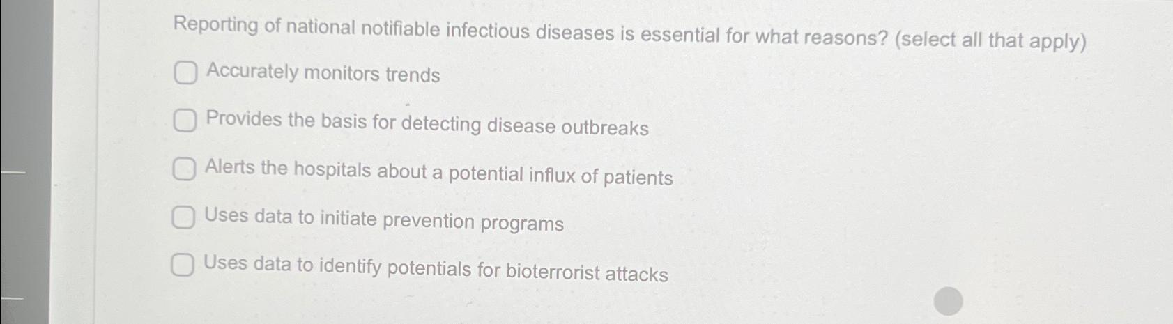 Solved Reporting of national notifiable infectious diseases | Chegg.com