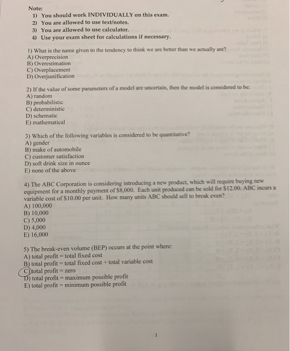 Solved: Note: 1) You Should Work INDIVIDUALLY On This Exam... | Chegg.com