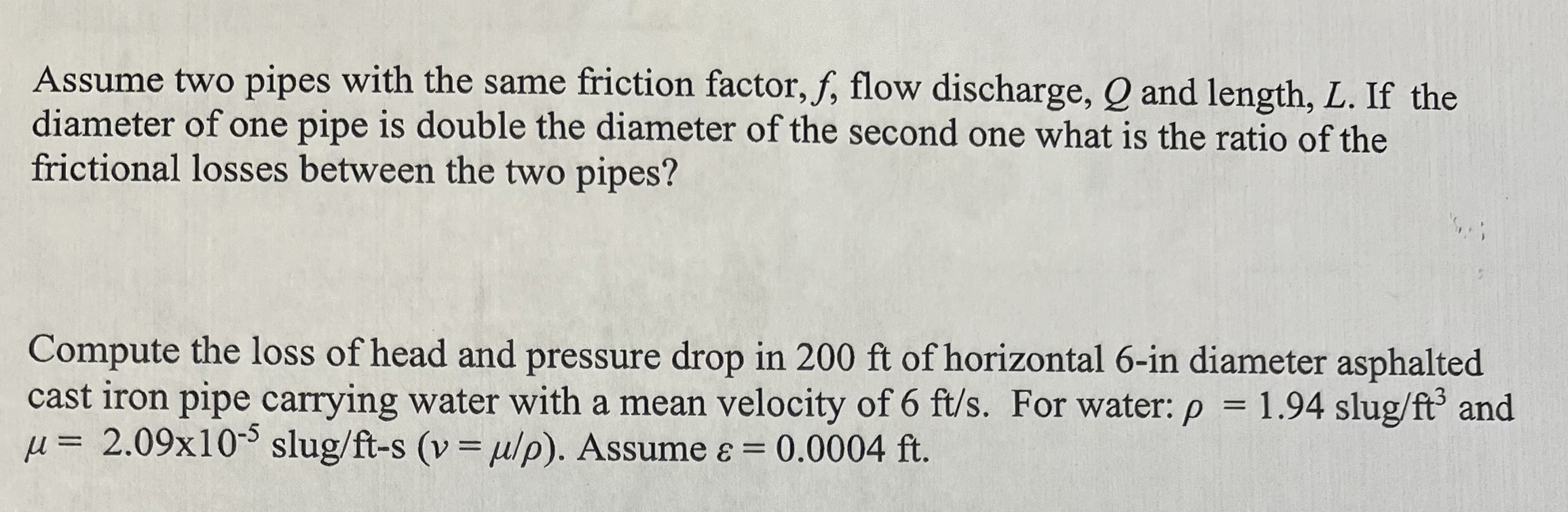 Solved Assume two pipes with the same friction factor, f, | Chegg.com