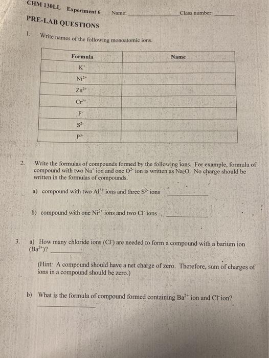 Solved CHM 130LL Experiment 6 PRE-LAB QUESTIONS Name: Class | Chegg.com