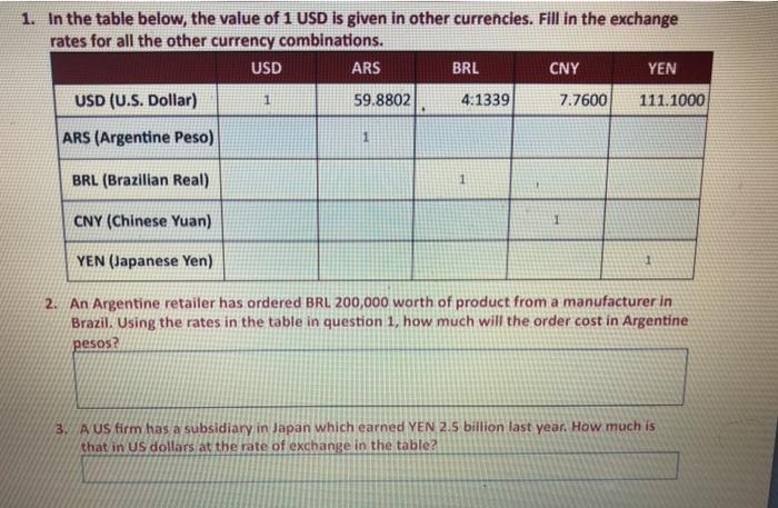 Solved 1. In the table below, the value of 1 USD is given in | Chegg.com