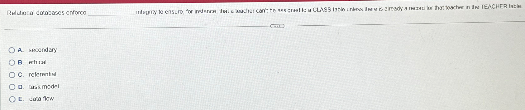 Solved Relational databases enforce Integrity to ensure, for | Chegg.com