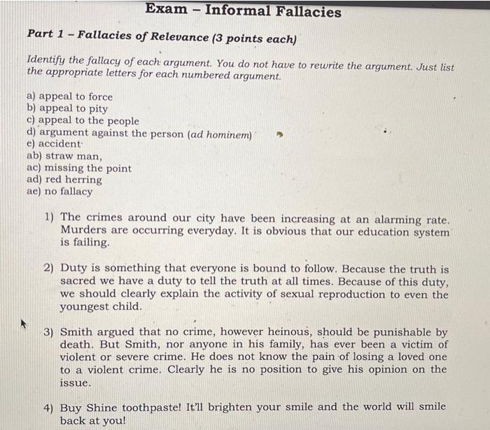 Solved Exam - Informal Fallacies -- Part 1 - Fallacies of | Chegg.com