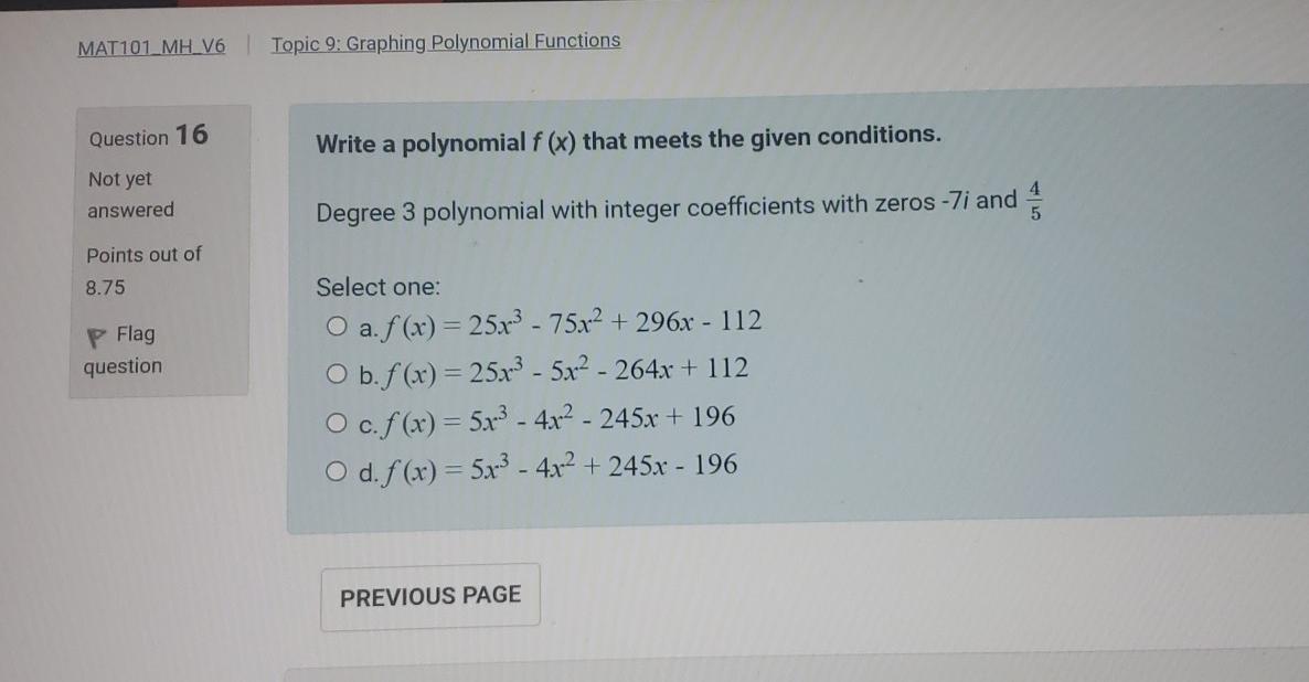 Solved MAT101 MH V6 Topic 9: Graphing Polynomial Functions | Chegg.com
