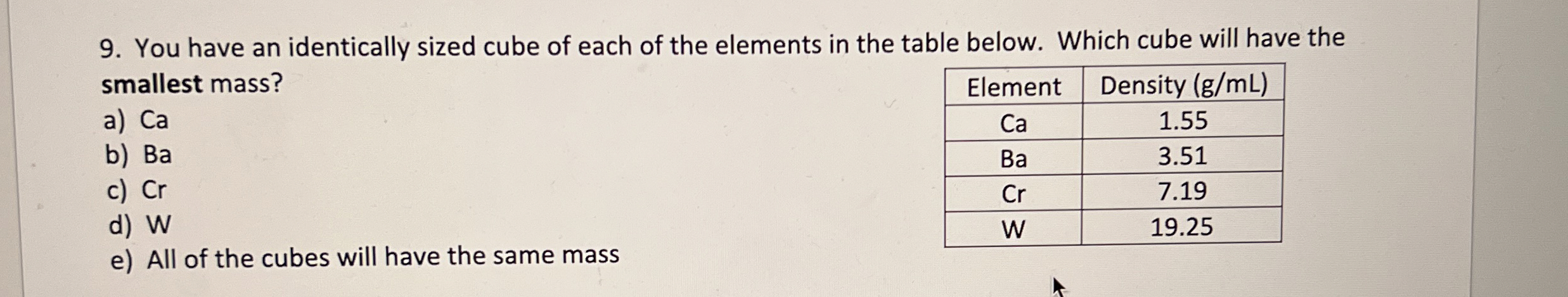 Solved You have an identically sized cube of each of the | Chegg.com