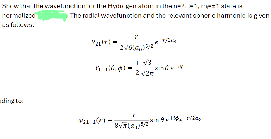 Solved Show That The Wavefunction For The Hydrogen Atom In