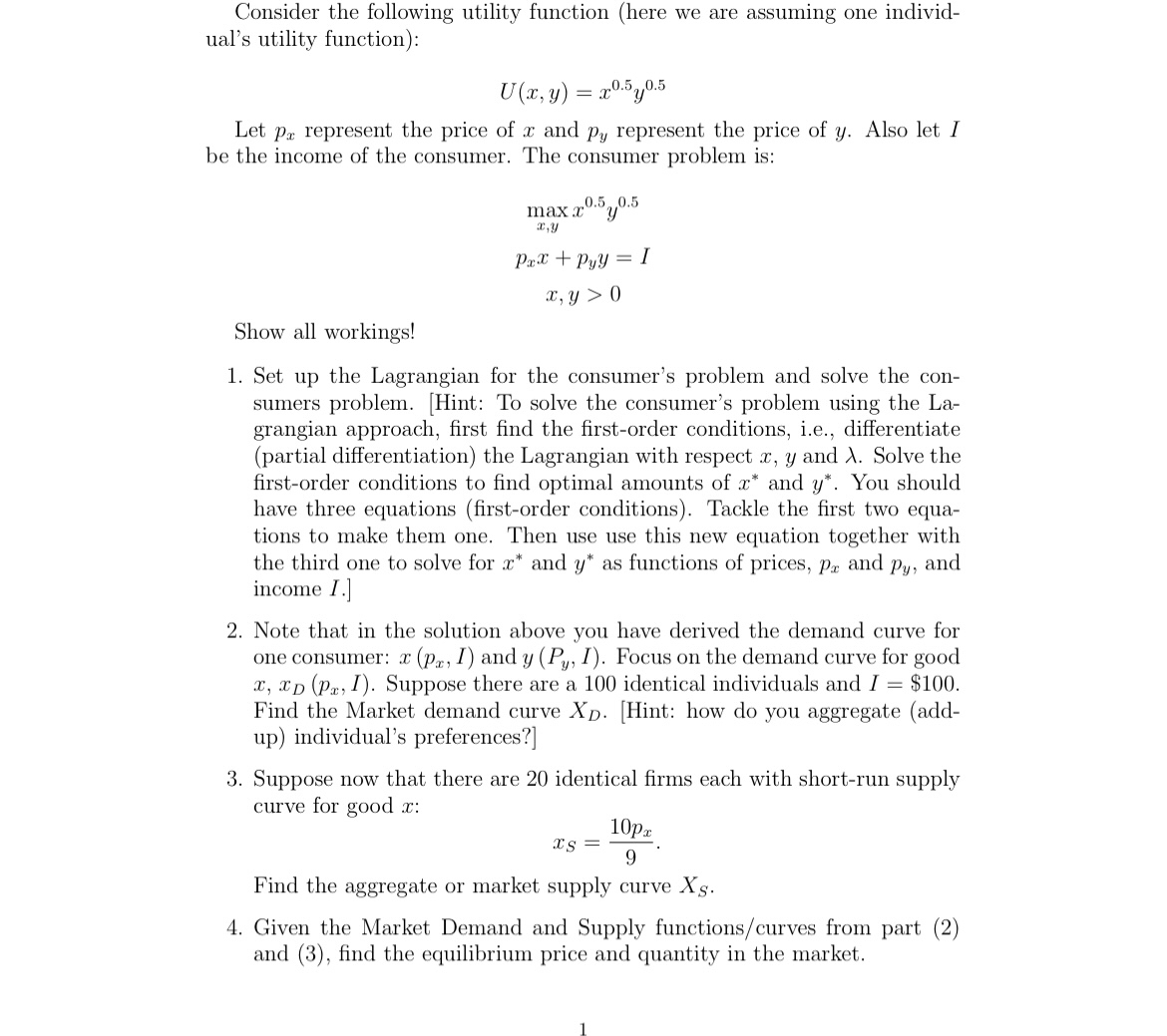 Solved Consider the following utility function (here we are | Chegg.com