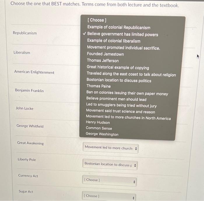 Choose the one that BEST matches. Terms come from | Chegg.com