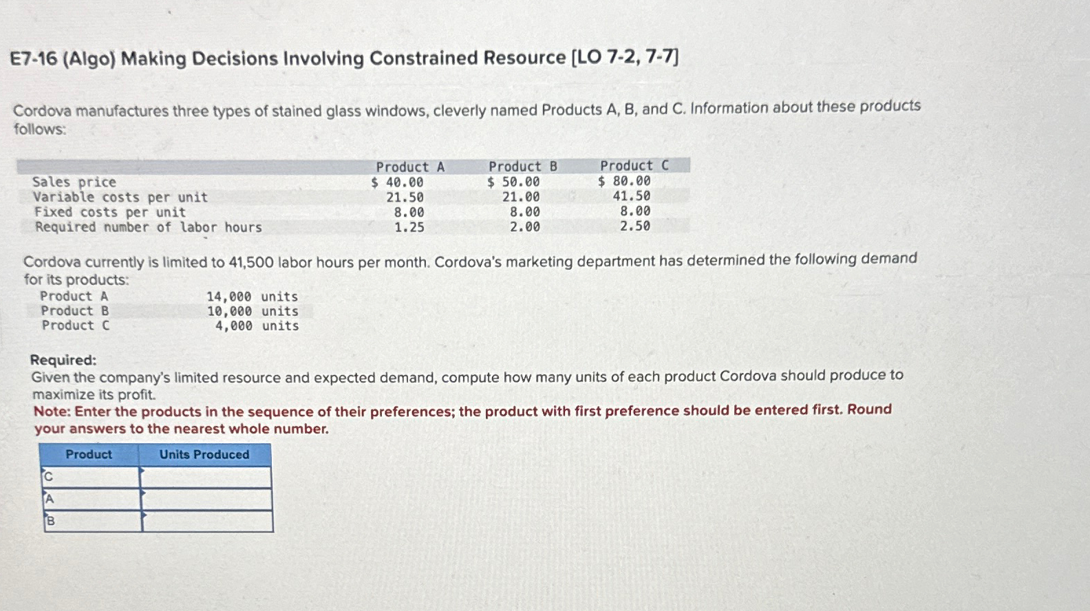 Solved E7-16 (Algo) ﻿Making Decisions Involving Constrained | Chegg.com