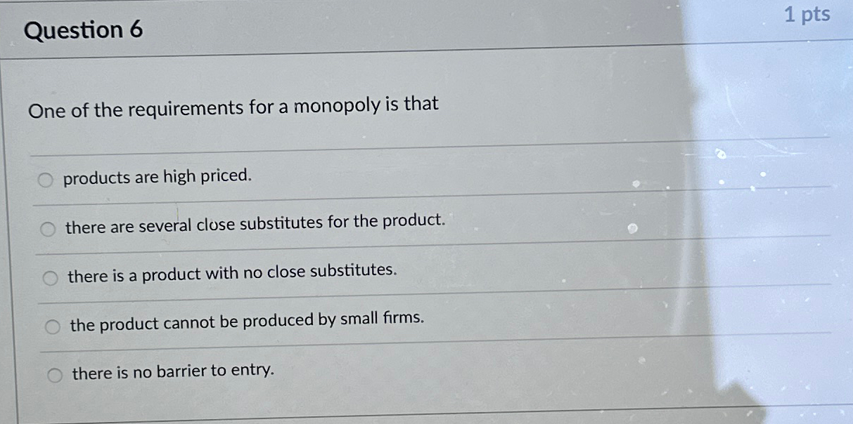 Solved Question 61ptsOne of the requirements for a monopoly | Chegg.com