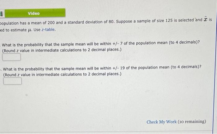 Solved population has a mean of 200 and a standard deviation | Chegg.com