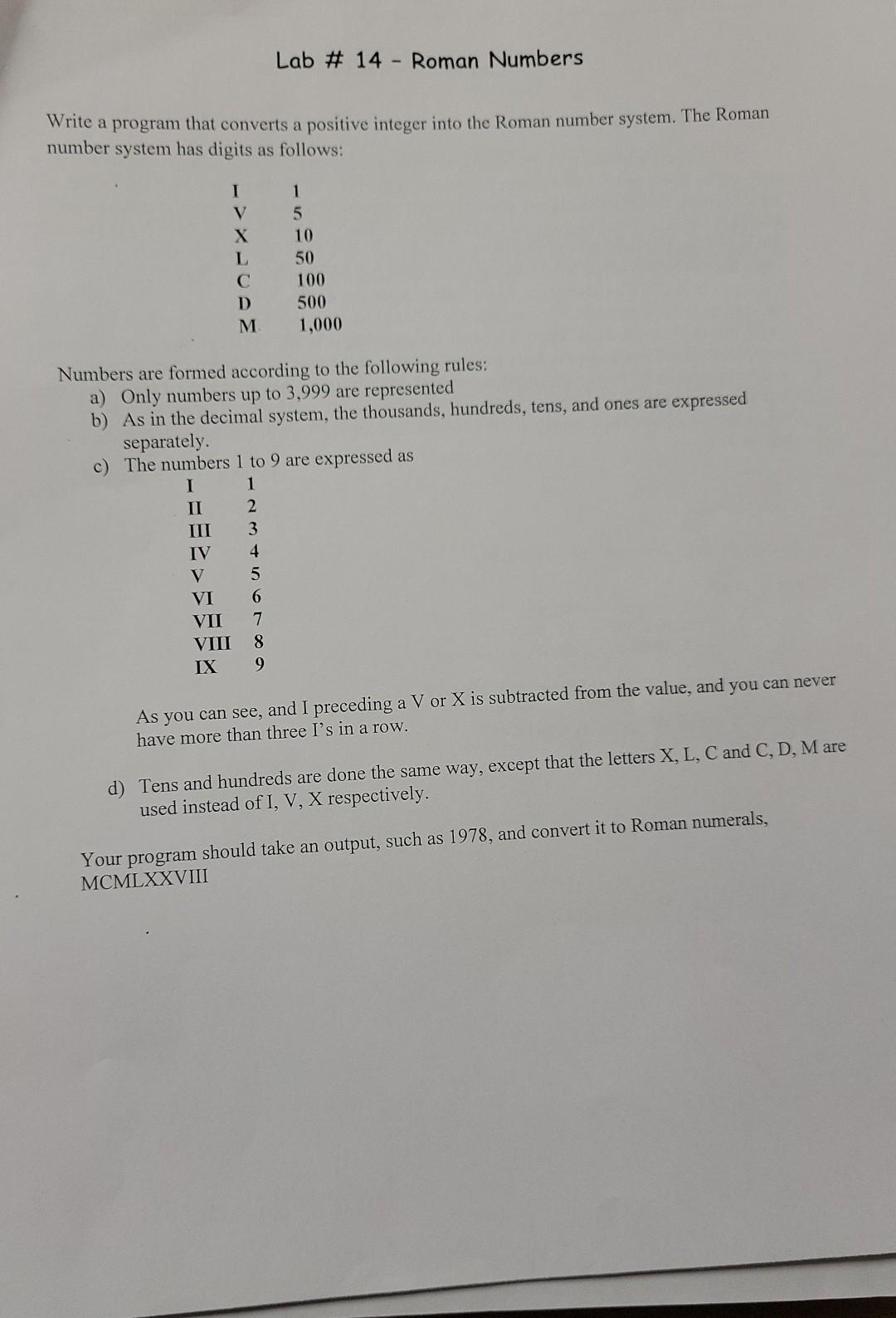 Solved Lab # 14 - Roman Numbers Write a program that | Chegg.com