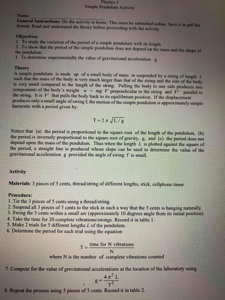 Physics 1 Simple Pendulum Activity Name: General | Chegg.com