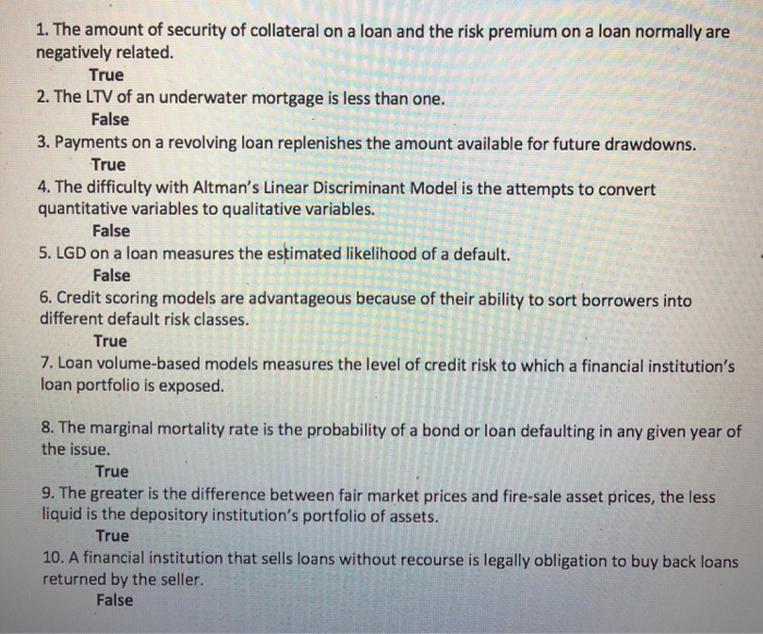 Solved 1. The amount of security of collateral on a loan and | Chegg.com