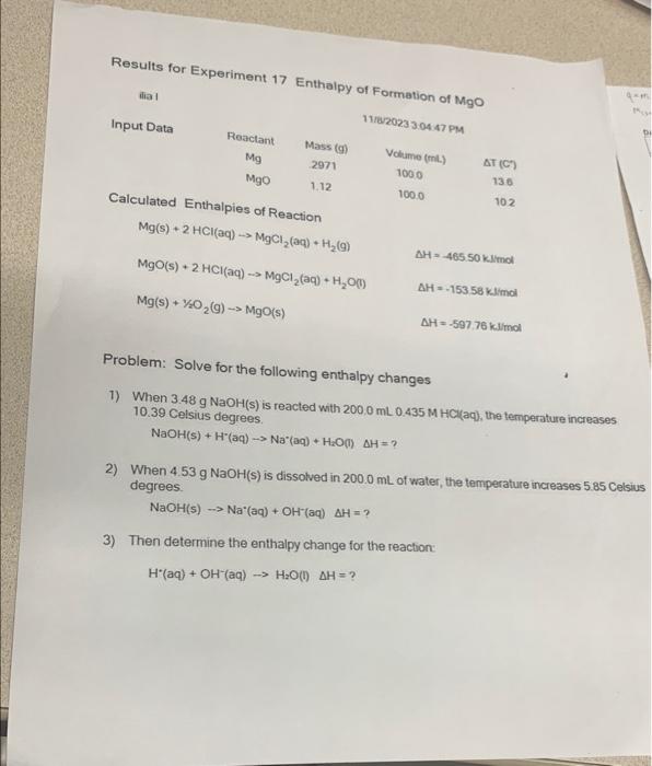 Solved Results for Experiment 17 Enthalpy of Formation of | Chegg.com