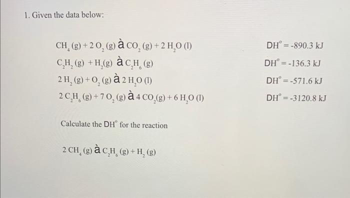 Solved 1. Given the data below: CH4( g)+2O2( g) a˙CO2( | Chegg.com