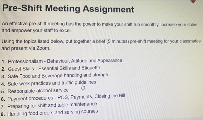 Solved Pre-Shift Meeting Assignment An effective pre-shift | Chegg.com