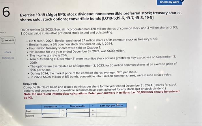Solved Exercise 19-19 (Algo) EPS; stock dividend; | Chegg.com
