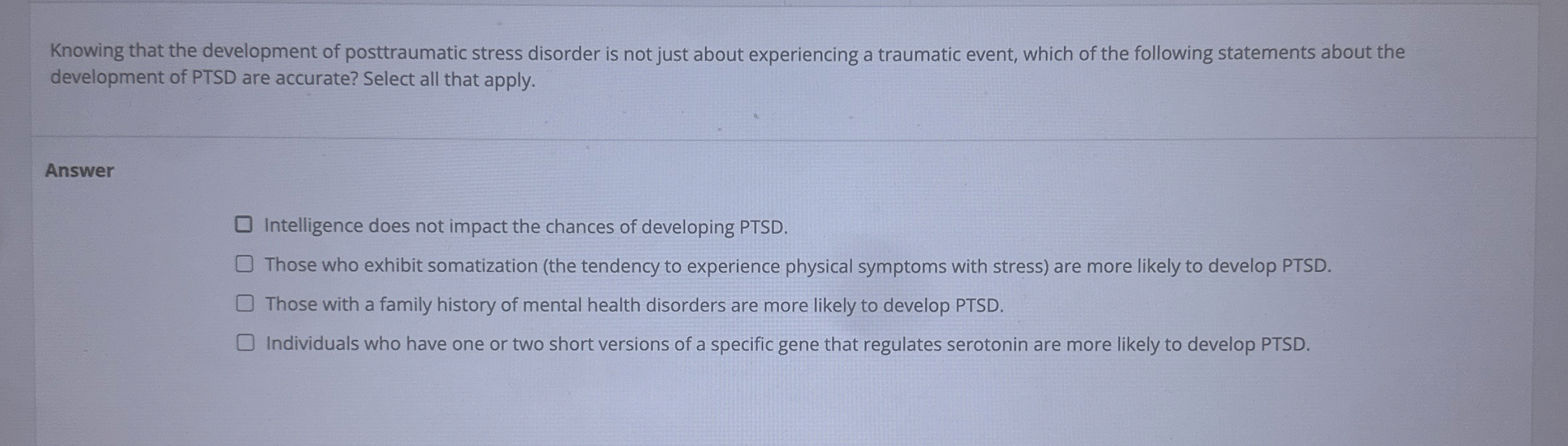 Solved Knowing that the development of posttraumatic stress | Chegg.com