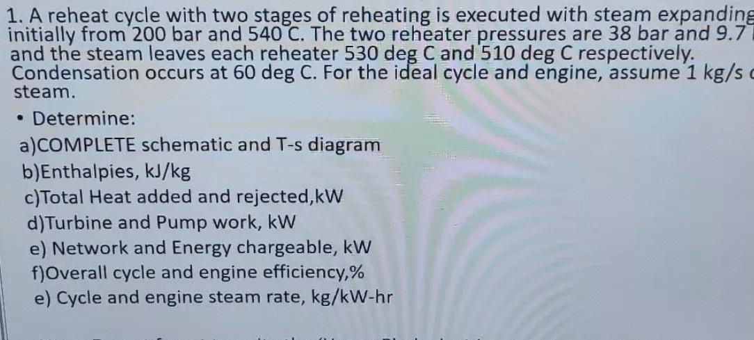 Solved 1. A reheat cycle with two stages of reheating is | Chegg.com