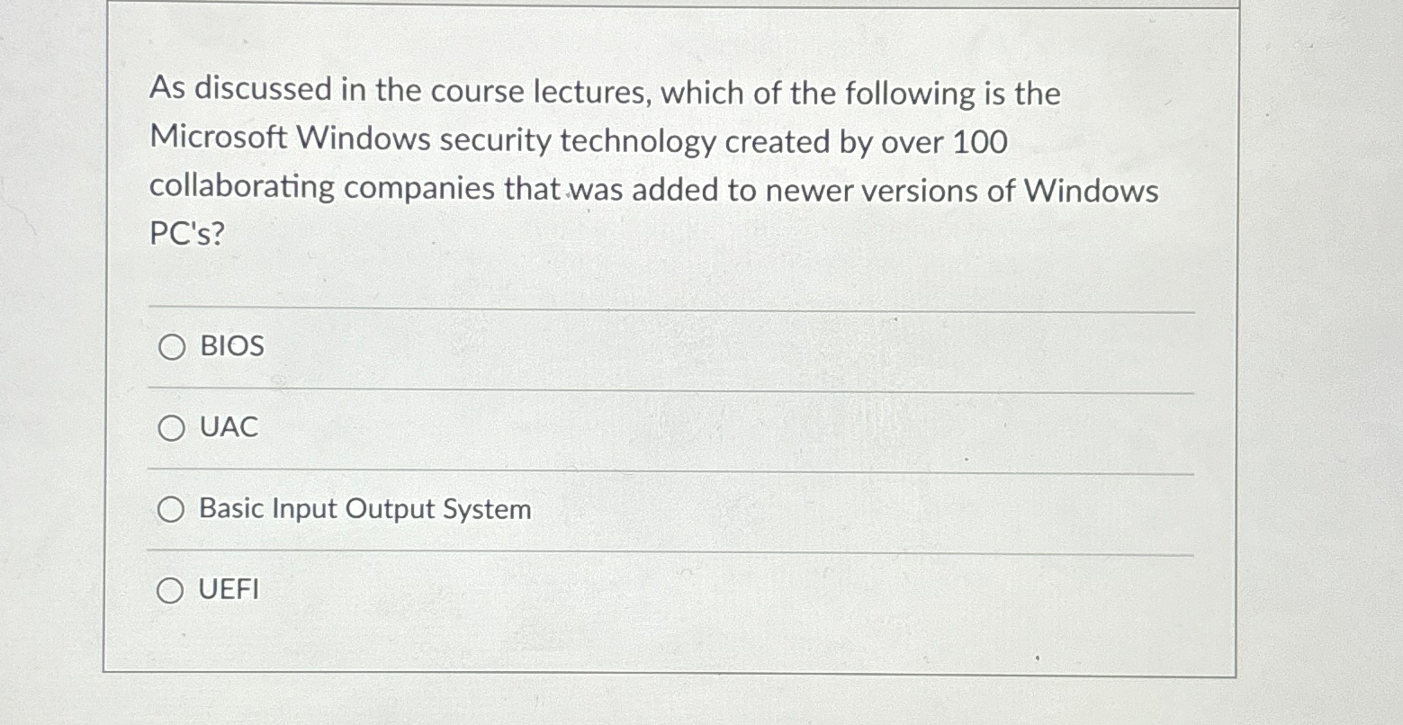Solved As discussed in the course lectures, which of the | Chegg.com