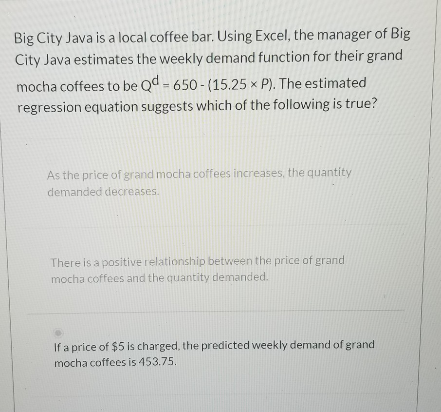 Solved Big City Java is a local coffee bar. Using Excel, the | Chegg.com