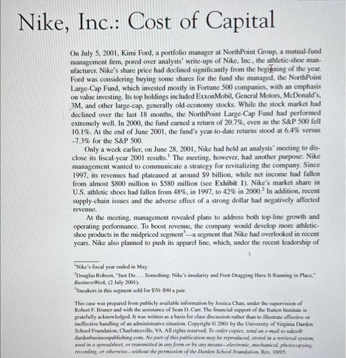 Solved Nike, Inc.: Cost of Capital On July 5, 2001, Kimi | Chegg.com