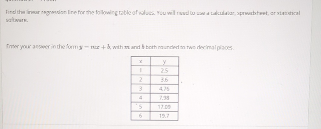 Solved Find the linear regression line for the following | Chegg.com