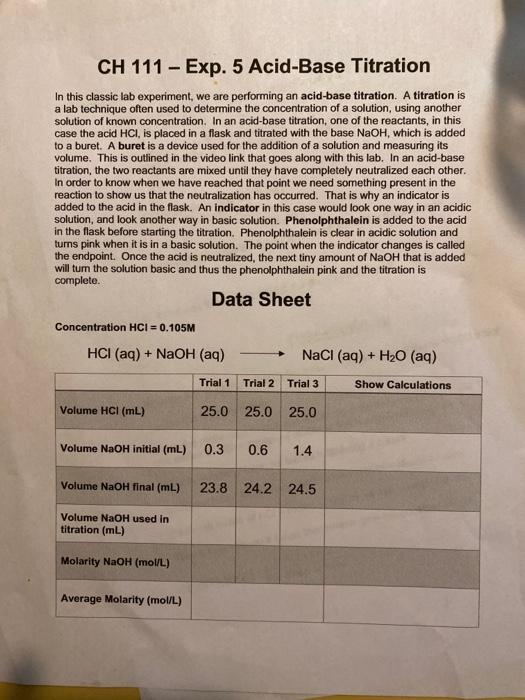 Solved CH 111 - Exp. 5 Acid-Base Titration In this classic | Chegg.com