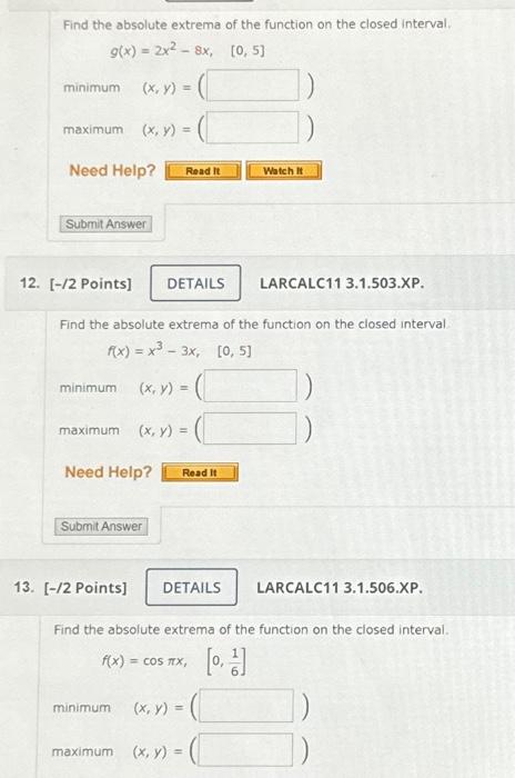 Solved Find the absolute extrema of the function on the | Chegg.com