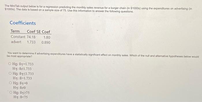 Solved The MiniTab output below is for a regression | Chegg.com