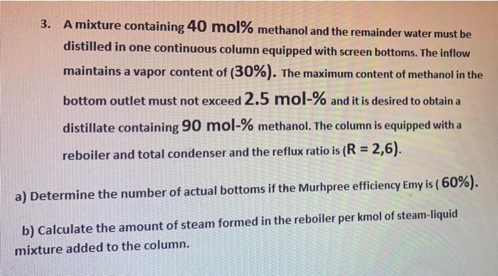 Solved 3. A mixture containing 40 mol% methanol and the | Chegg.com