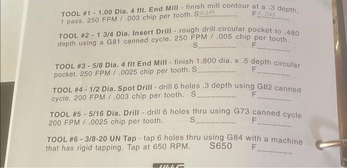 TOOL #1 - 1.00 Dia. 4 flt. End Mill - finish mill | Chegg.com