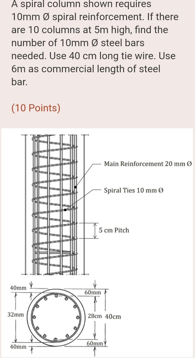 Solved A spiral column shown requires 10mm Ø spiral | Chegg.com