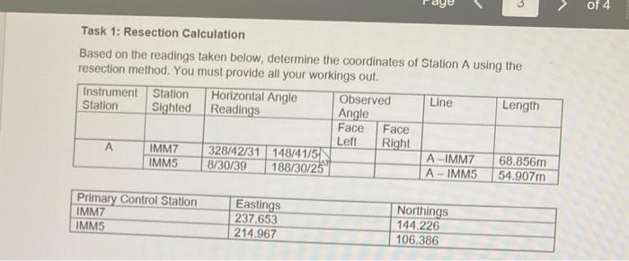 of 4 Task 1: Resection Calculation Based on the | Chegg.com