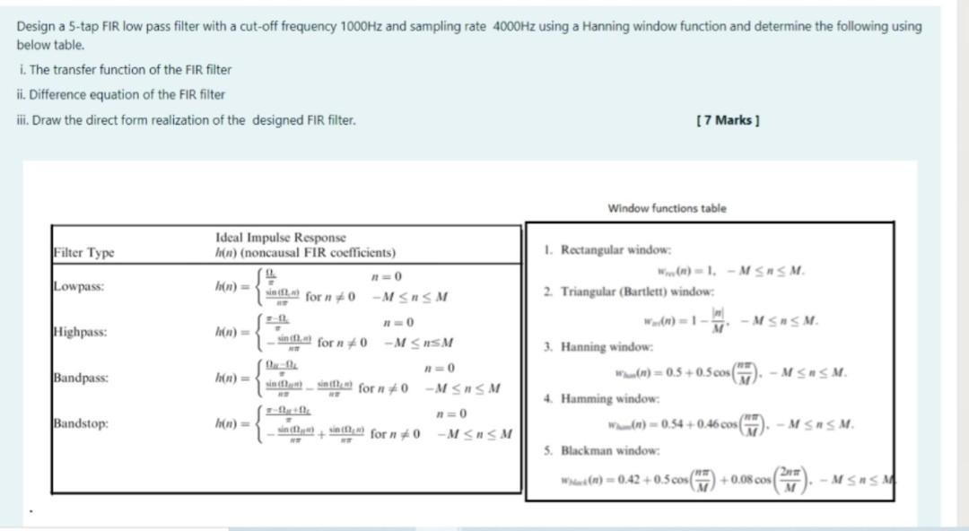Solved Design a 5-tap FIR low pass filter with a cut-off | Chegg.com