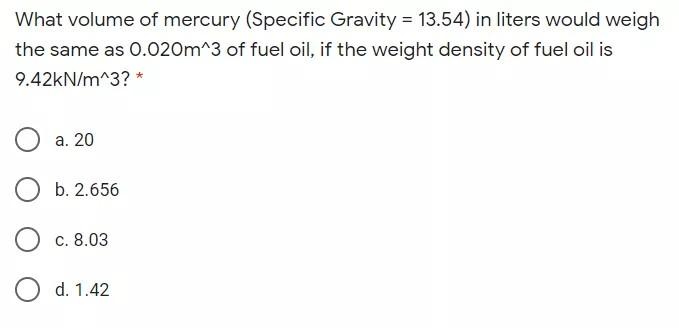 Solved What volume of mercury (Specific Gravity = 13.54) in | Chegg.com