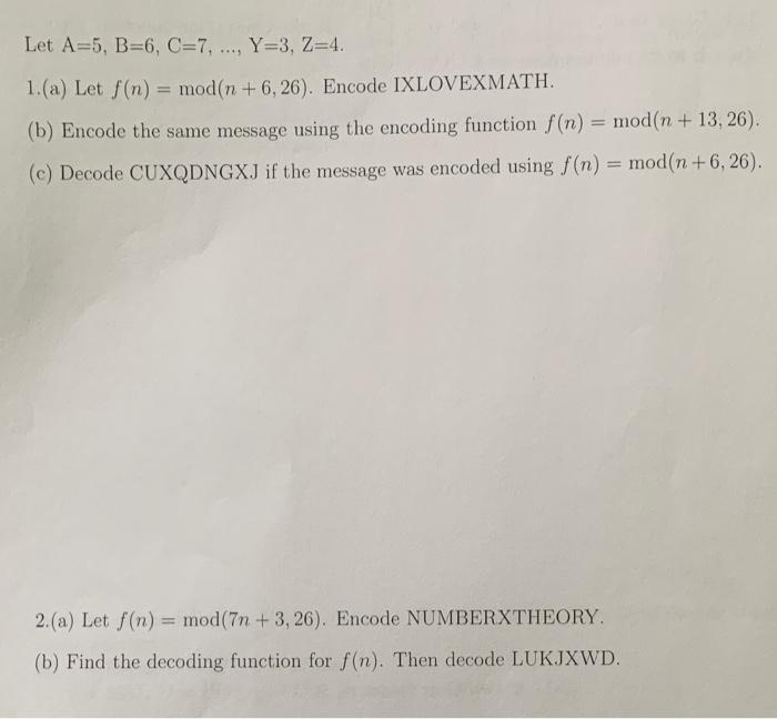 Solved Let A=5, B=6,C=7,…,Y=3,Z=4. 1.(a) Let | Chegg.com