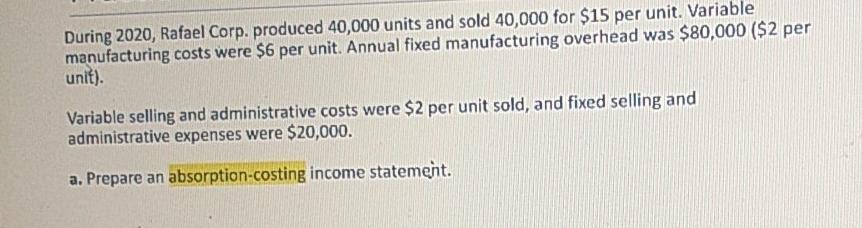 Solved During 2020, Rafael Corp. produced 40,000 units and | Chegg.com