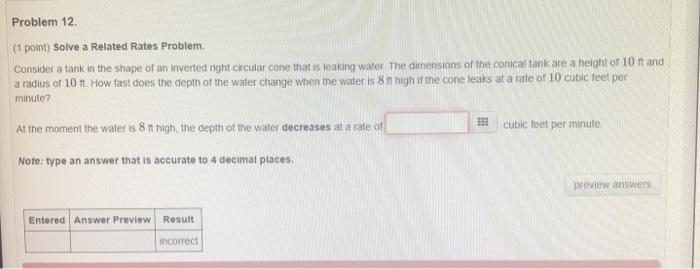 Solved Problem 12. (1 point) Solve a Related Rates Problem, | Chegg.com