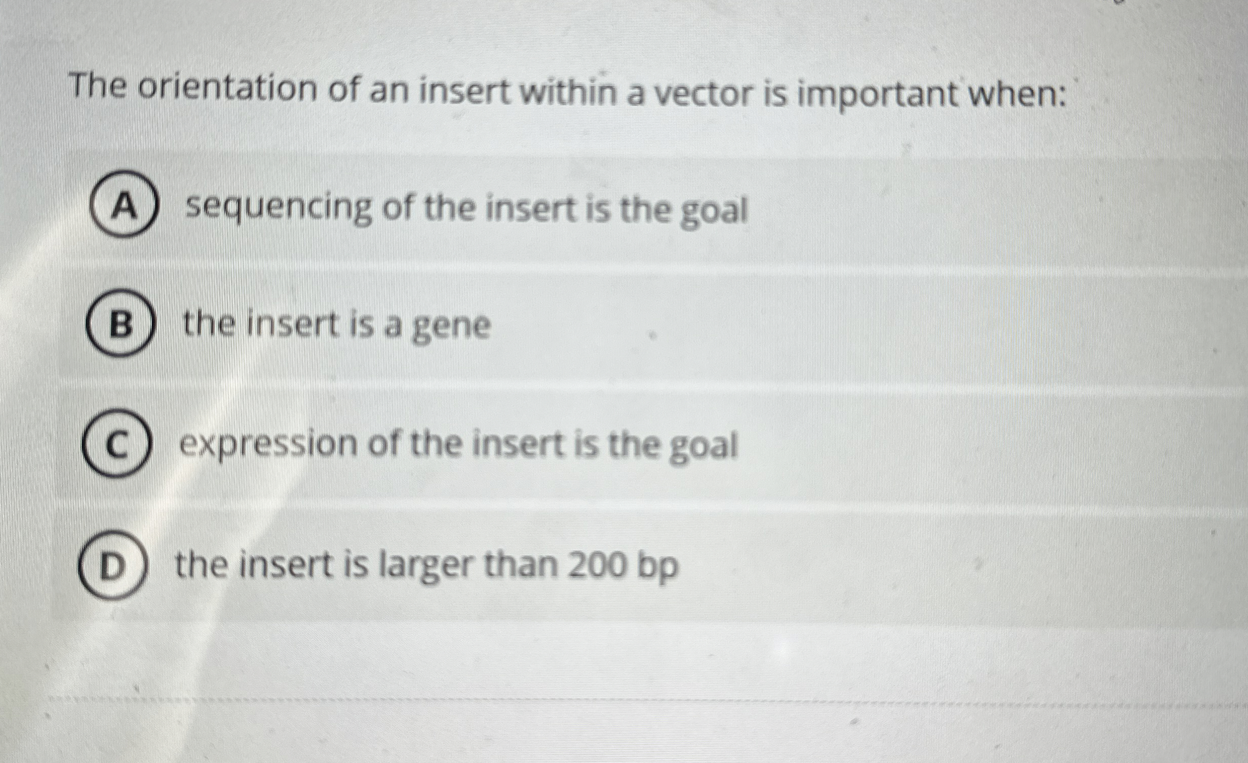 Solved The orientation of an insert within a vector is | Chegg.com