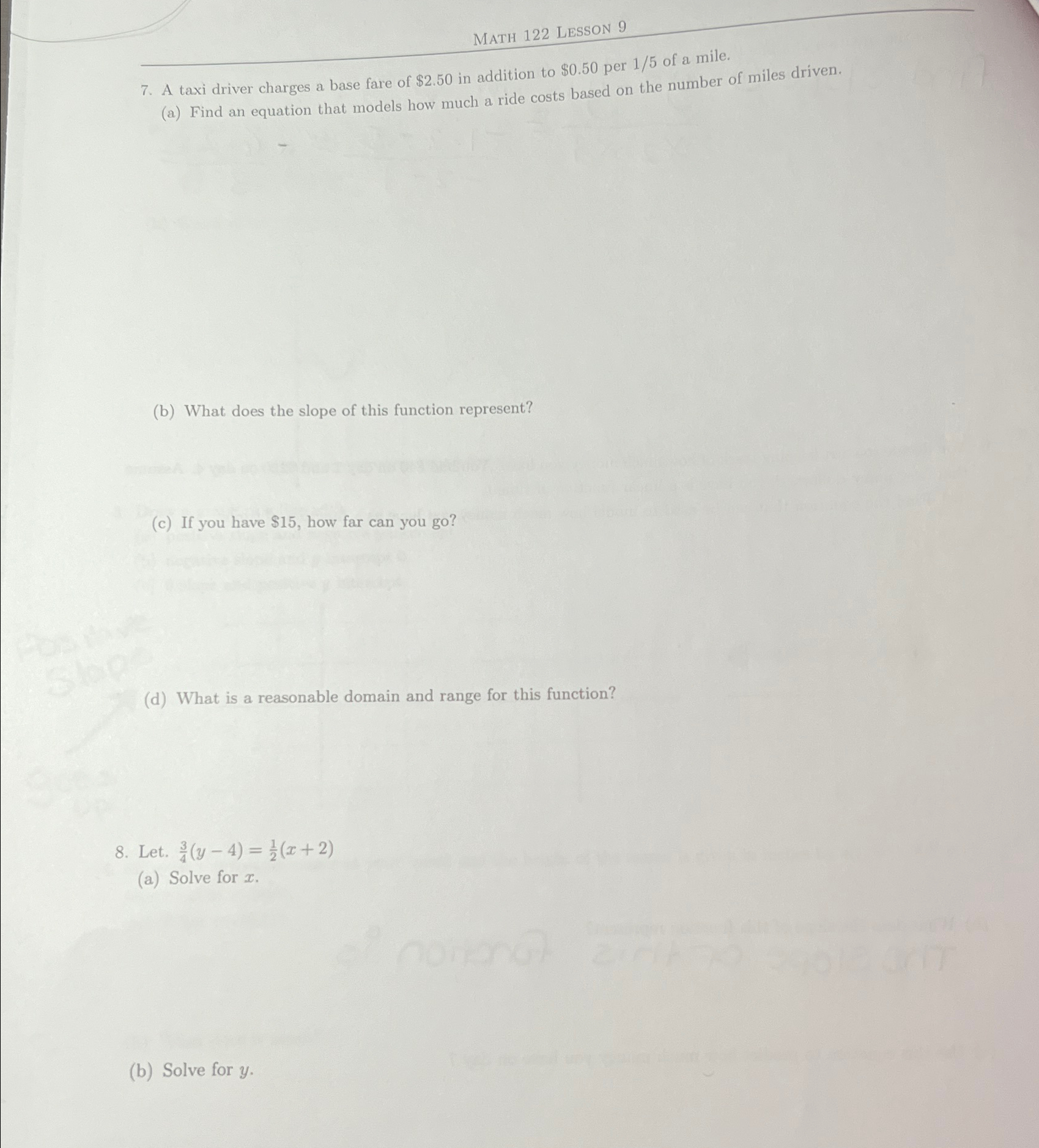 Solved MATH 122 ﻿LESSON 97. ﻿A taxi driver charges a base | Chegg.com