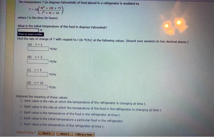 Solved The temperature T (in degrees Fahrenheit) of food | Chegg.com