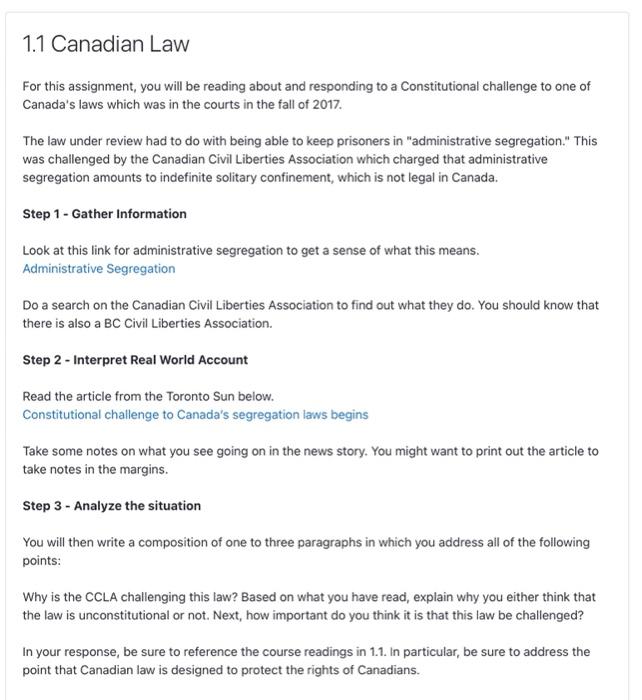 1.1 Canadian Law For this assignment, you will be | Chegg.com