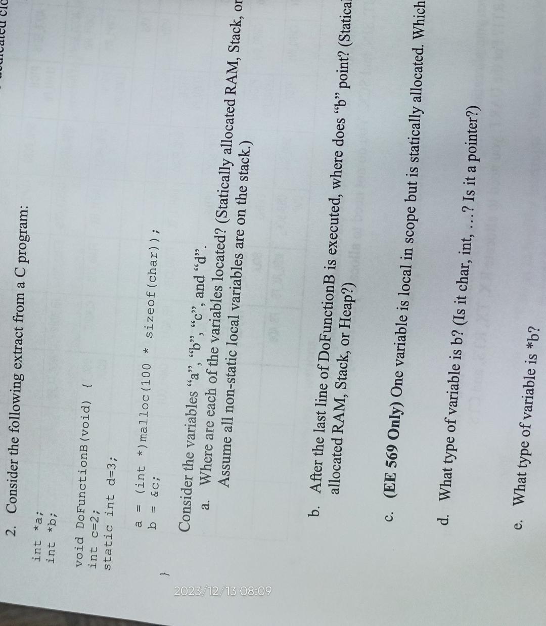 Solved 2. Consider the following extract from a C program: | Chegg.com